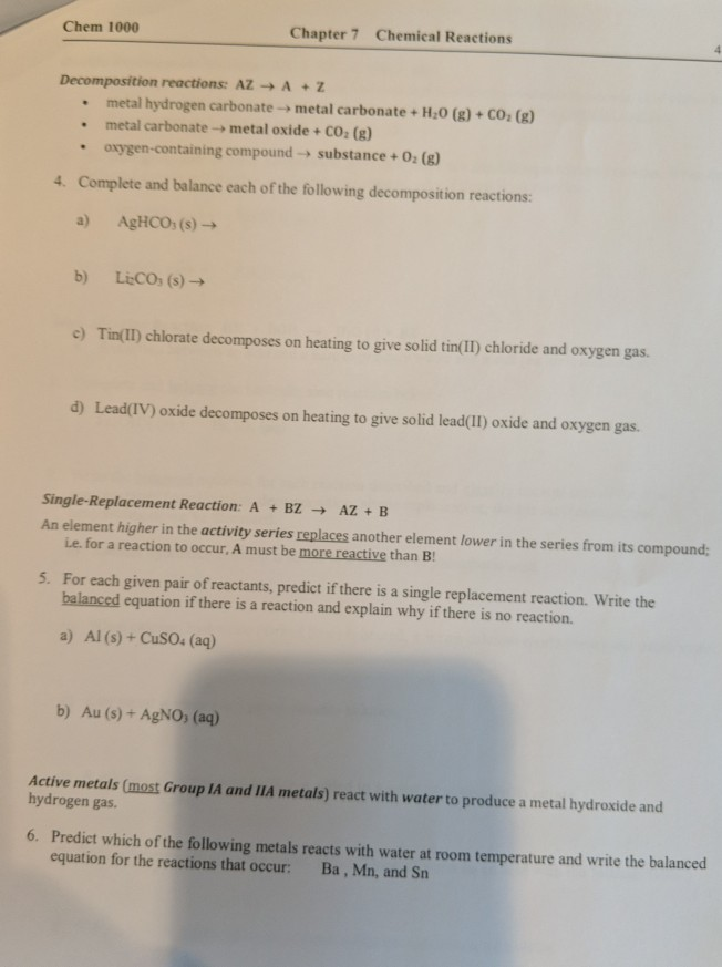 Solved Chem 1000 Chapter 7 Chemical Reactions Decomposition | Chegg.com