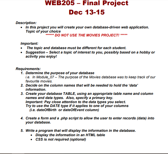 Solved WEB205 - Final Project Dec 13-15 Description: • In | Chegg.com