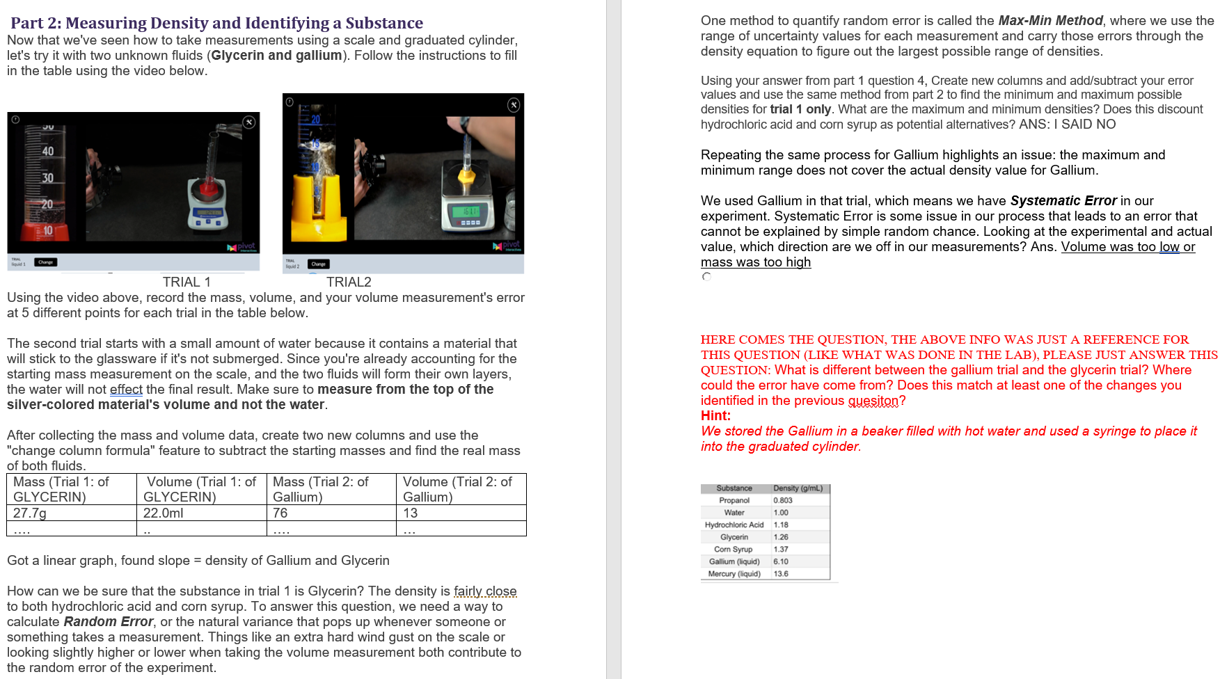 Solved Part 2: Measuring Density and Identifying a Substance | Chegg.com