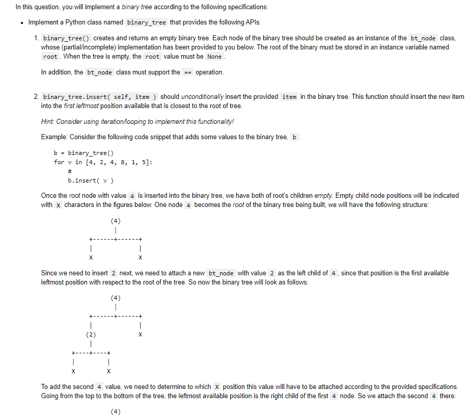 Solved In this question, you will implement a binary tree | Chegg.com