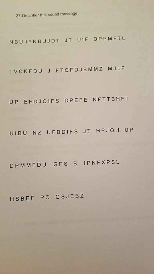 Solved 27. Decipher this coded message. NBUIFNBUJDT JT UIF | Chegg.com