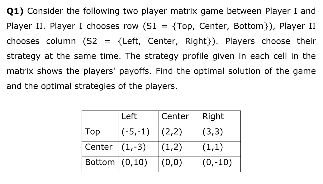 Solved = Q1) Consider the following two player matrix game | Chegg.com
