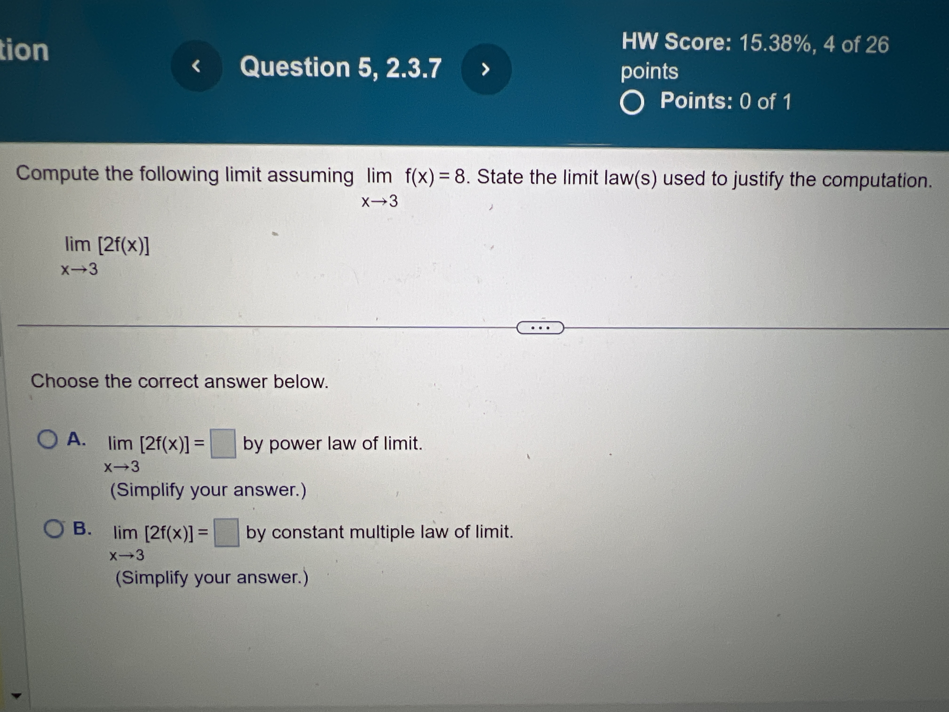 Solved Compute the following limit assuming limx→3f(x)=8. | Chegg.com