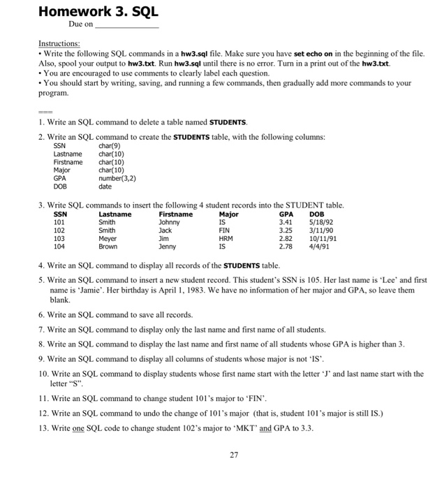 Solved Homework 3. SQL Due on ons Write the following SQL | Chegg.com
