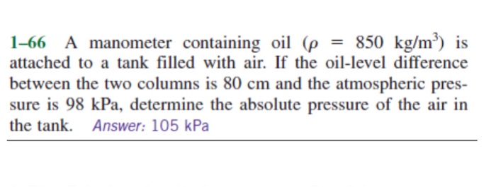 Solved 1-66 A manometer containing oil (ρ = 850 kg/m') is | Chegg.com