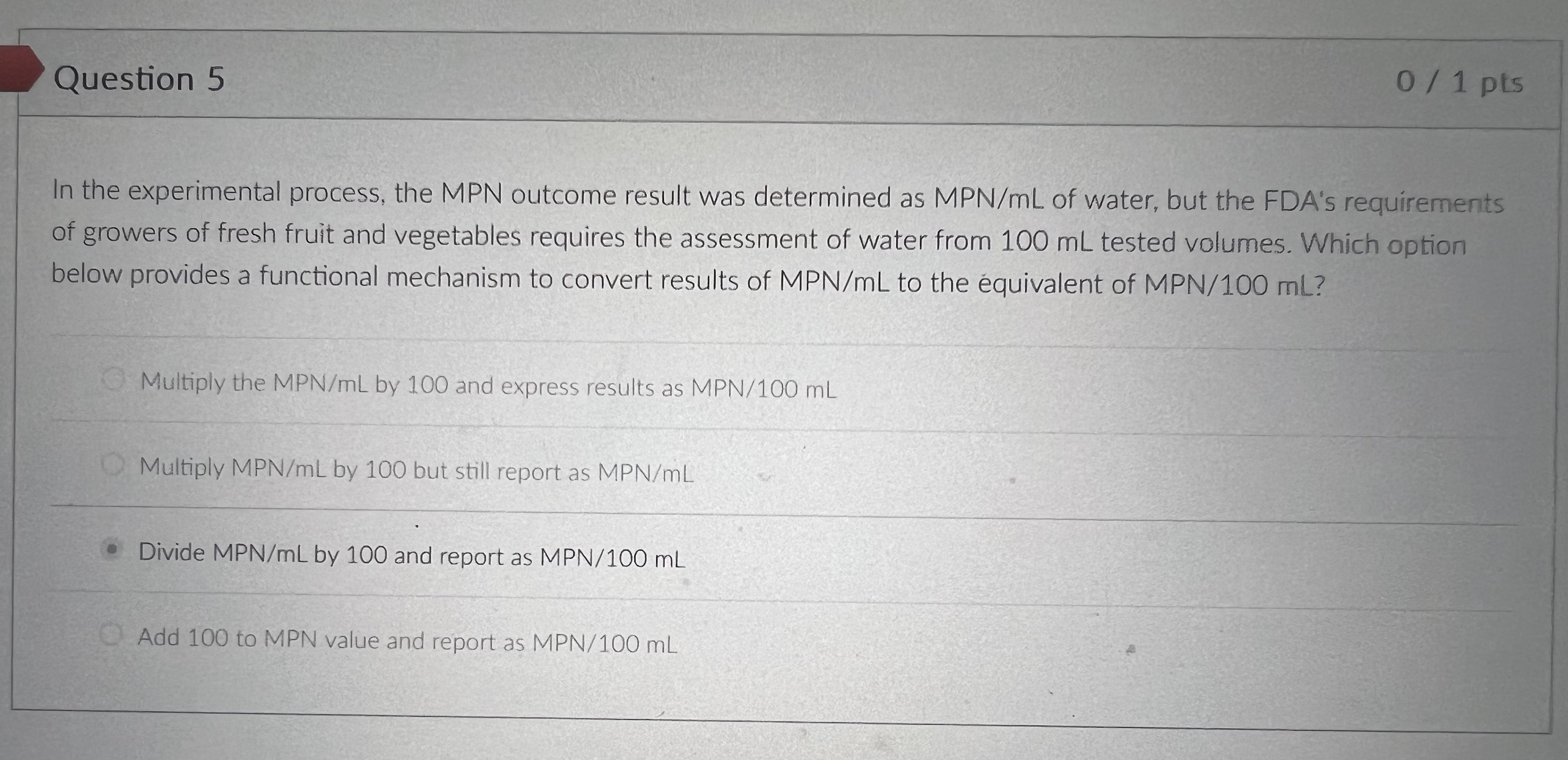 Solved In the experimental process, the MPN outcome result | Chegg.com