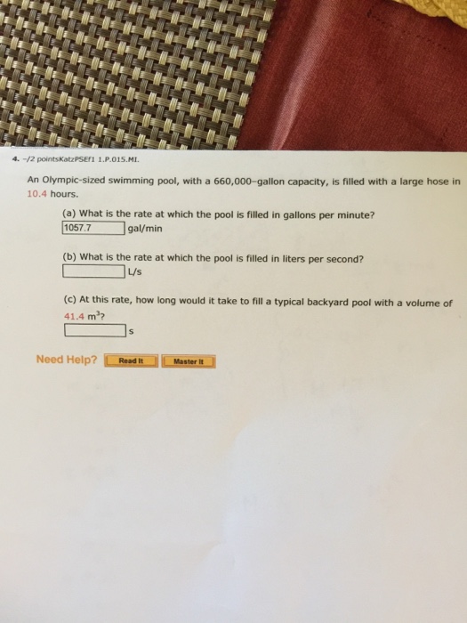 Solved An Olympic-sized swimming pool, with a 660,000-gallon | Chegg.com