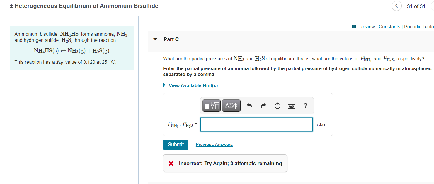 Solved + Heterogeneous Equilibrium of Ammonium Bisulfide 31 | Chegg.com