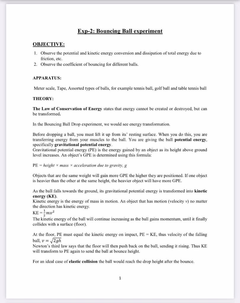 Solved Exp-2: Bouncing Ball experiment OBJECTIVE: 1. Observe | Chegg.com