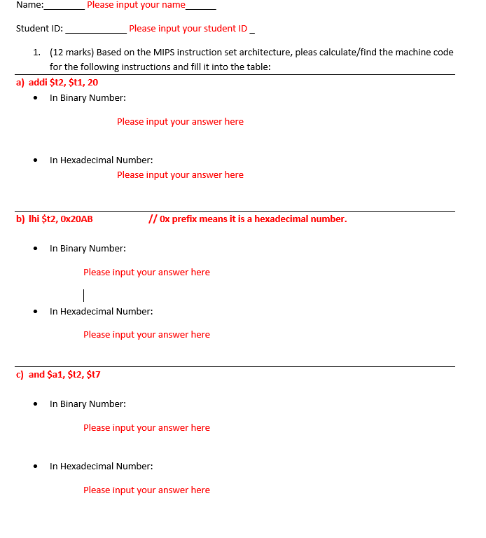 Solved Name: Please input your name Student ID: Please input | Chegg.com