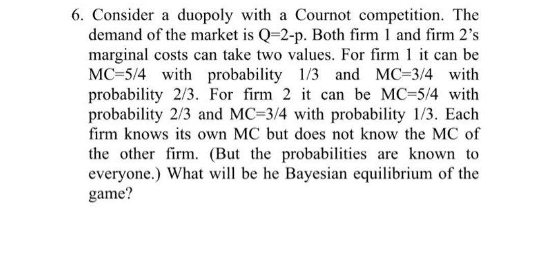 Solved 6. Consider a duopoly with a Cournot competition. The | Chegg.com