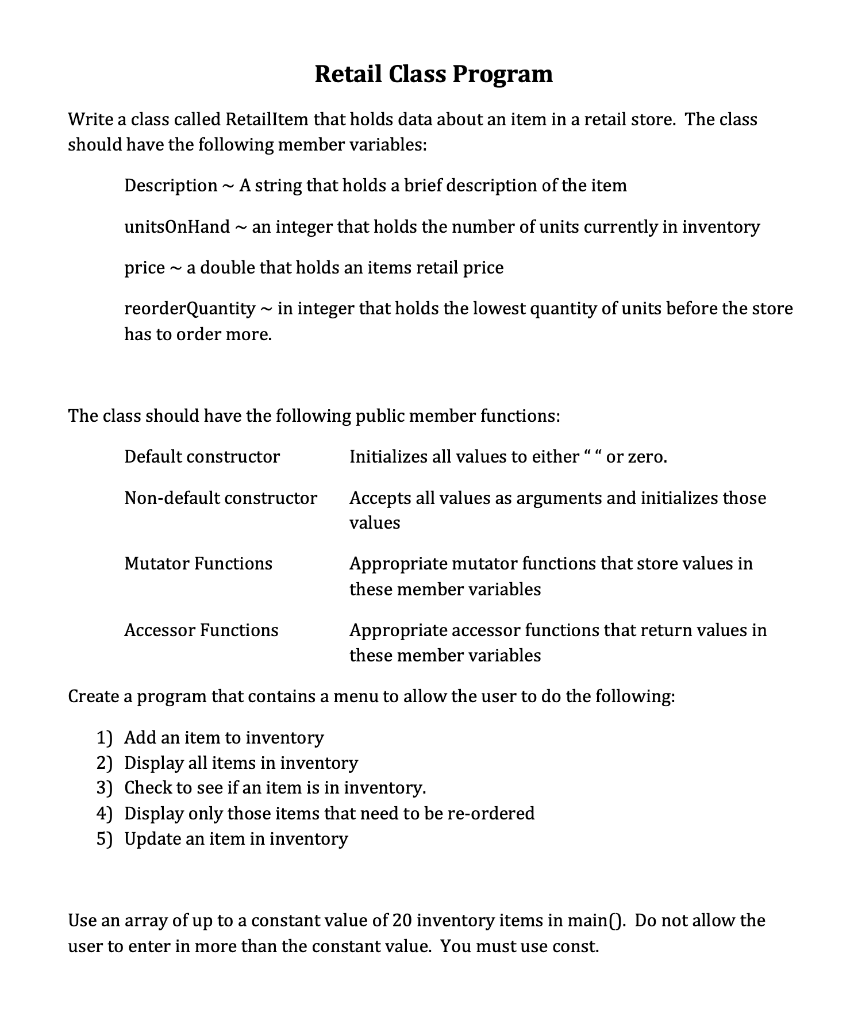 Solved Retail Class Program Write a class called Retailltem | Chegg.com