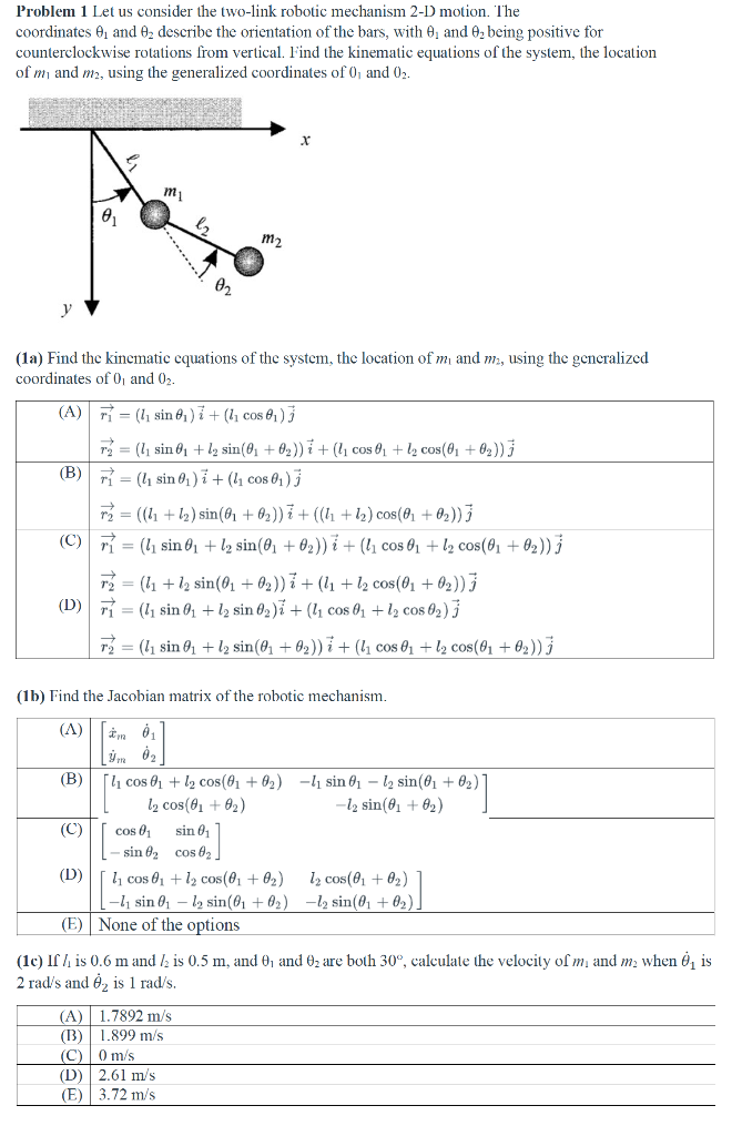 Solved Problem 1 Let us consider the two-link robotic | Chegg.com