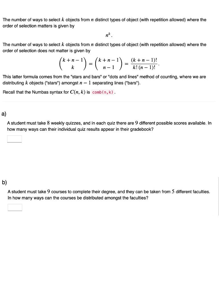 Solved The number of ways to select k objects from n | Chegg.com