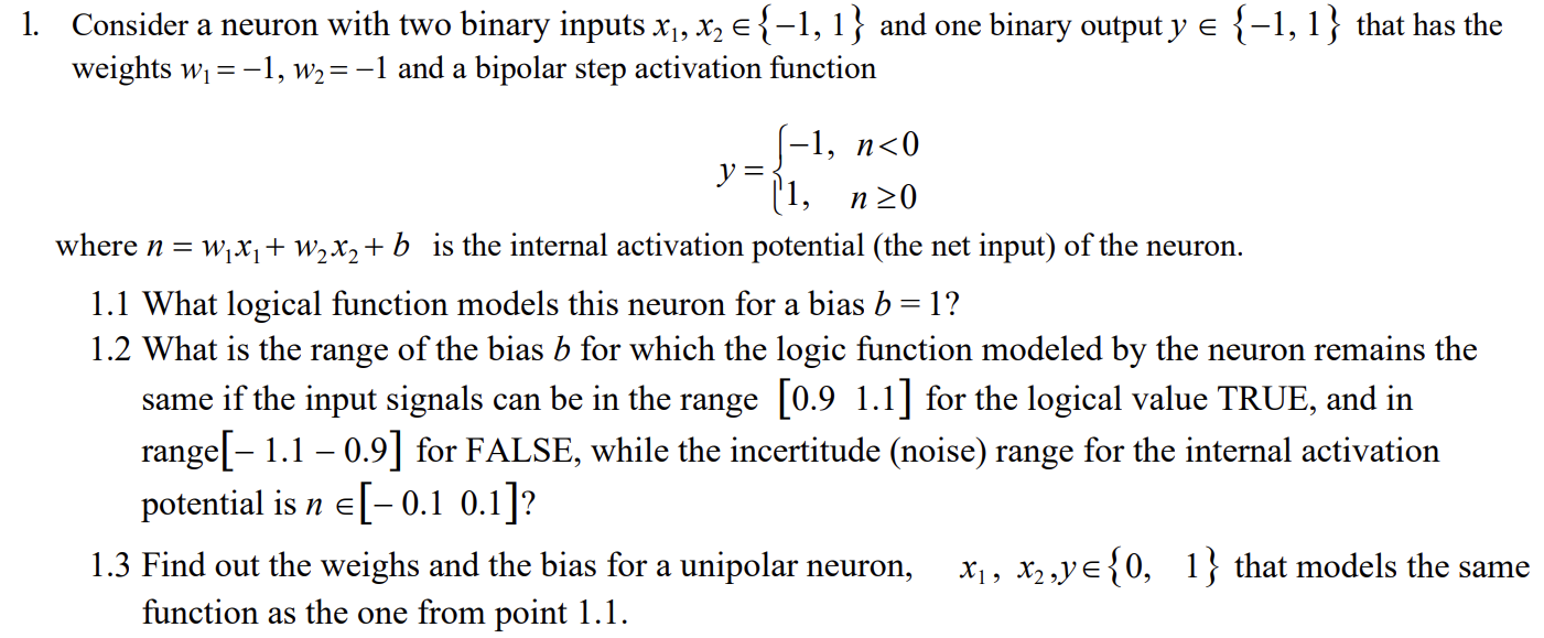 Solved 1. Consider a neuron with two binary inputs x₁, x₂ = | Chegg.com