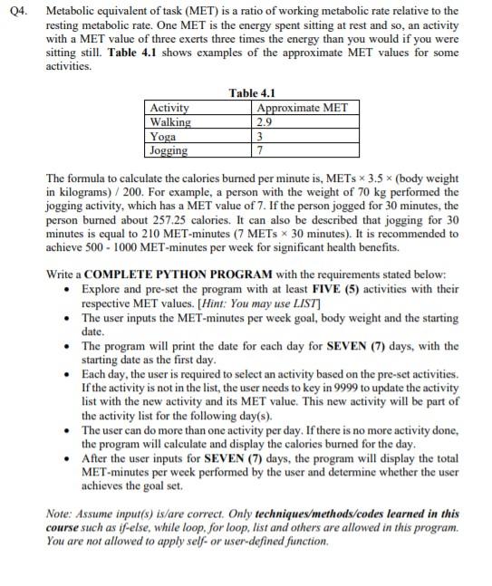 Solved 04. Metabolic equivalent of task (MET) is a ratio of | Chegg.com