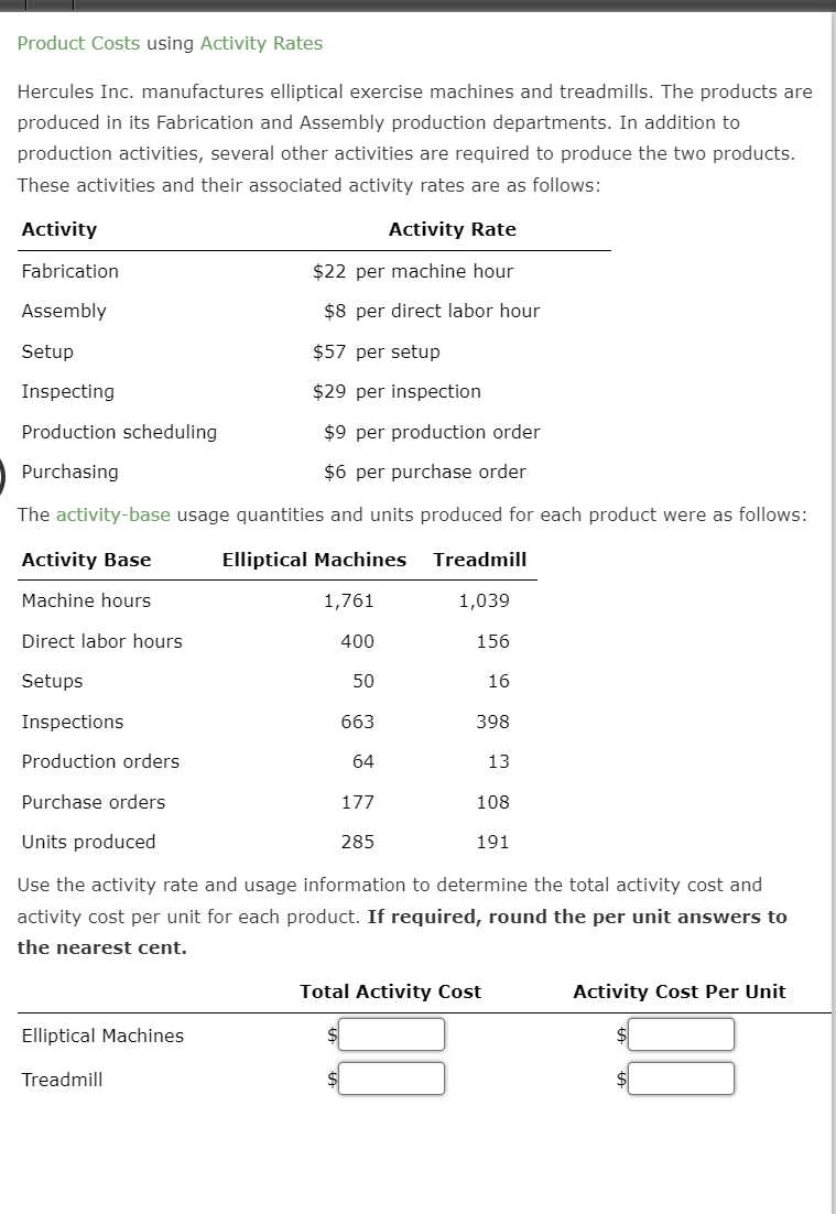 Solved Product Costs using Activity Rates Hercules Inc. | Chegg.com