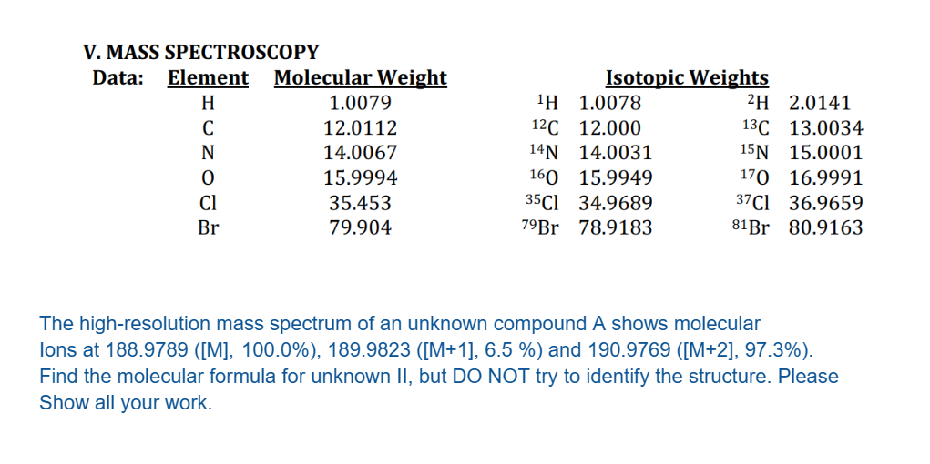 Solved V. ﻿MASS SPECTROSCOPYThe high-resolution mass | Chegg.com