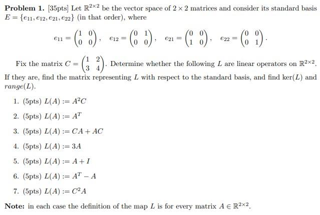 Solved Problem 1. [35pts] Let R2×2 be the vector space of | Chegg.com