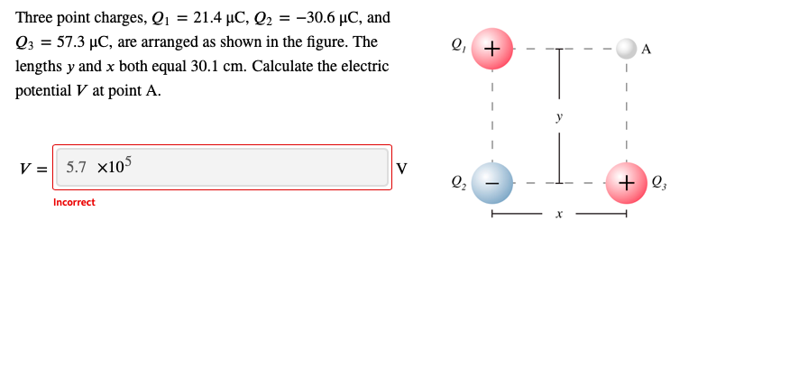 Solved Q + A Three point charges, Q1 = 21.4 uc, Q2 = -30.6 | Chegg.com