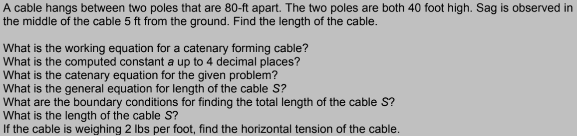 Solved A cable hangs between two poles that are 80 -ft | Chegg.com