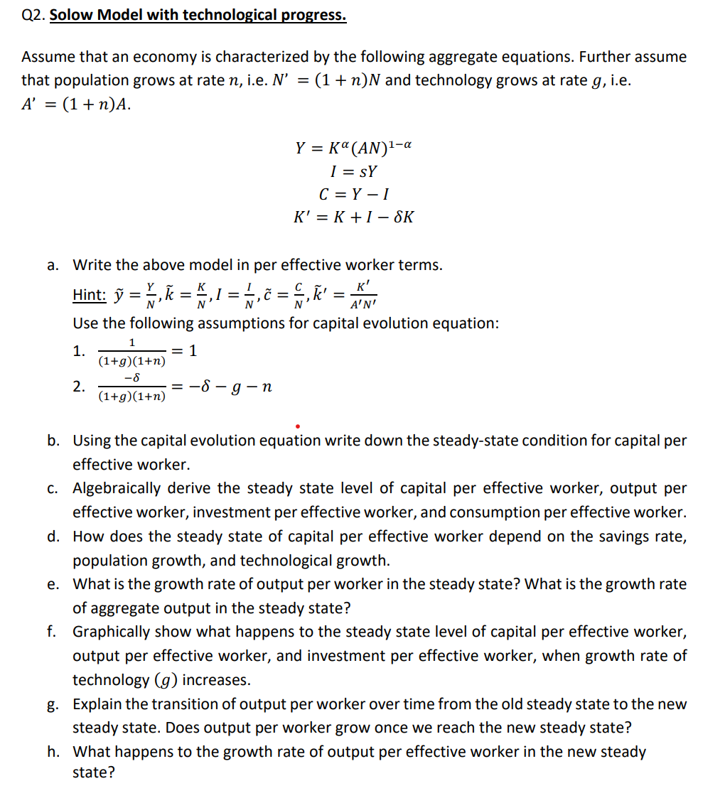 Solved Q2. Solow Model with technological progress. Assume | Chegg.com