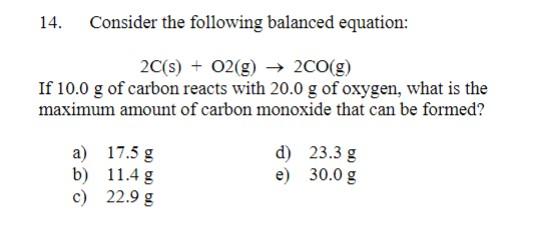 Solved 14. Consider the following balanced equation: | Chegg.com