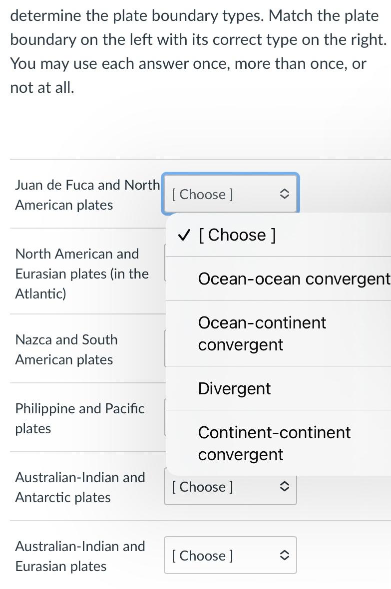 Solved determine the plate boundary types. Match the plate | Chegg.com