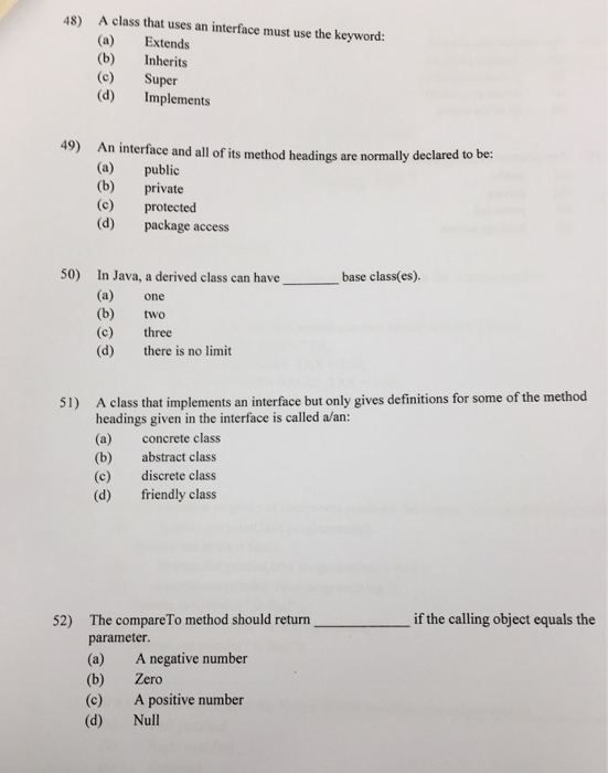 Solved A class that uses an interface must use the keyword: | Chegg.com