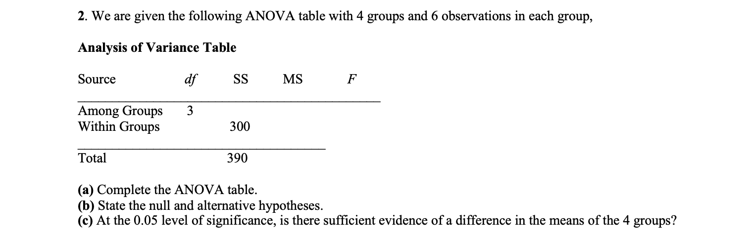 Solved 2. We are given the following ANOVA table with 4 | Chegg.com