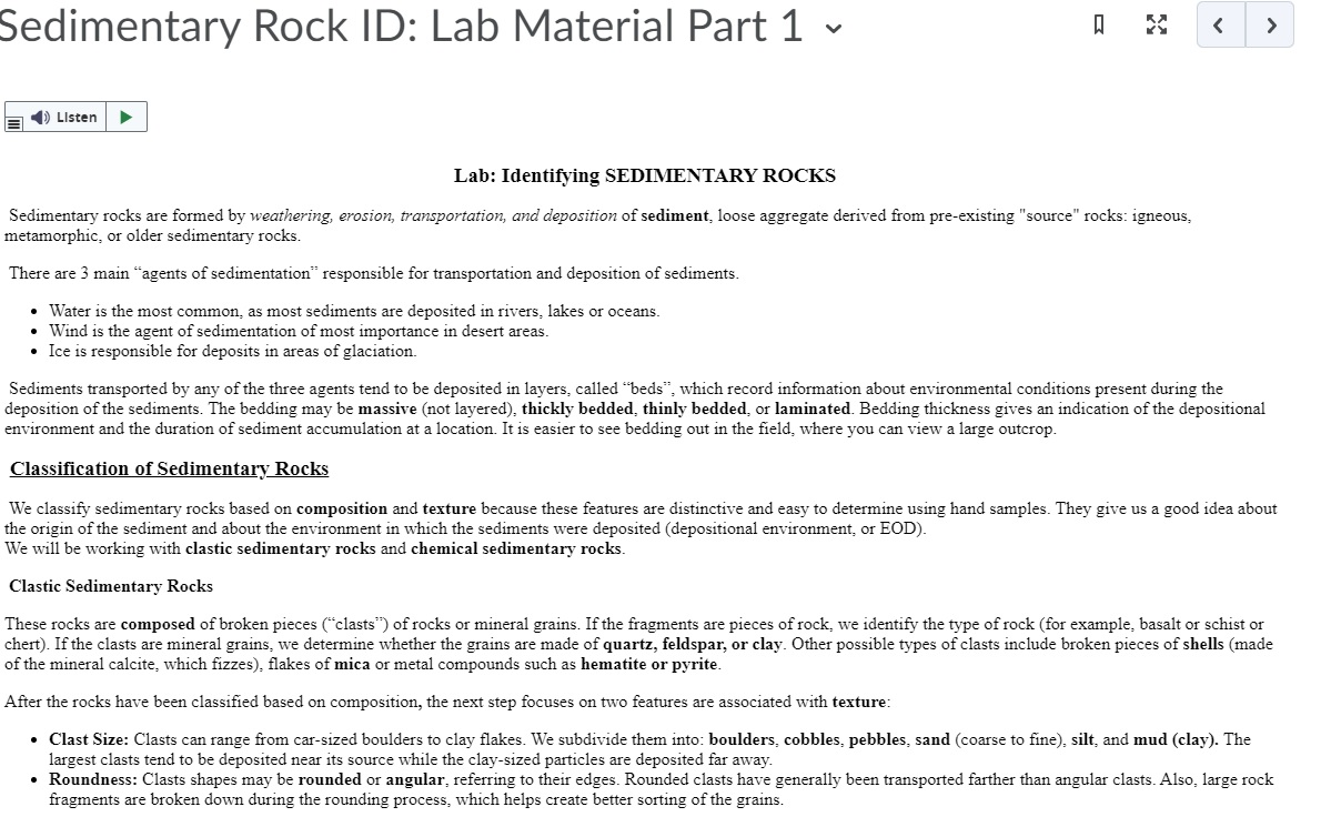 Sedimentary Rock ID: Lab Material Part 1 - = Listen | Chegg.com