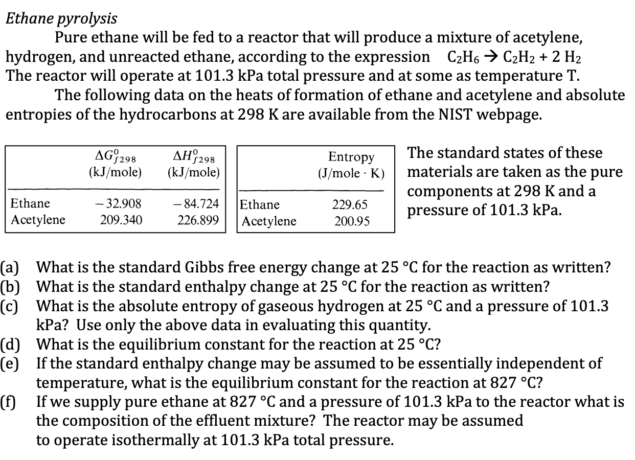 Solved Ethane pyrolysis Pure ethane will be fed to a reactor | Chegg.com