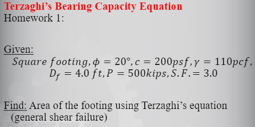 Solved Terzaghi's Bearing Capacity Equation Homework 1: | Chegg.com