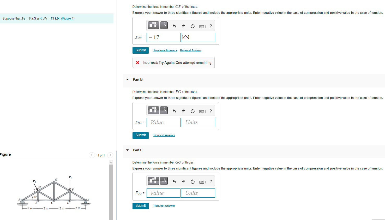 Solved Determine the force in member CF of the truss. | Chegg.com