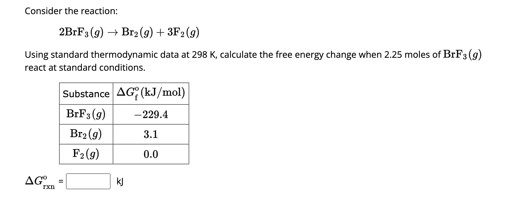 Solved Consider the reaction:2BrF3(g)→Br2(g)+3F2(g)Using | Chegg.com