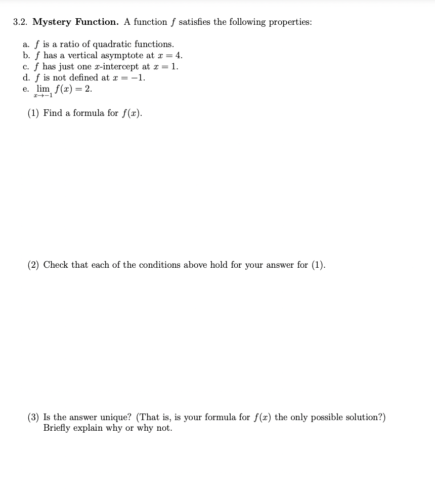 Solved 3.2. Mystery Function. A function f satisfies the | Chegg.com