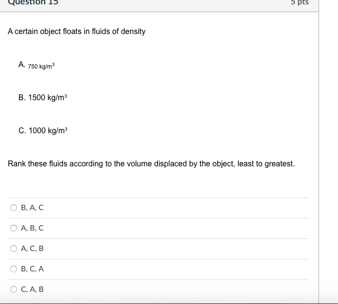 Solved Question 15 S pts A certain object floats in fluids | Chegg.com
