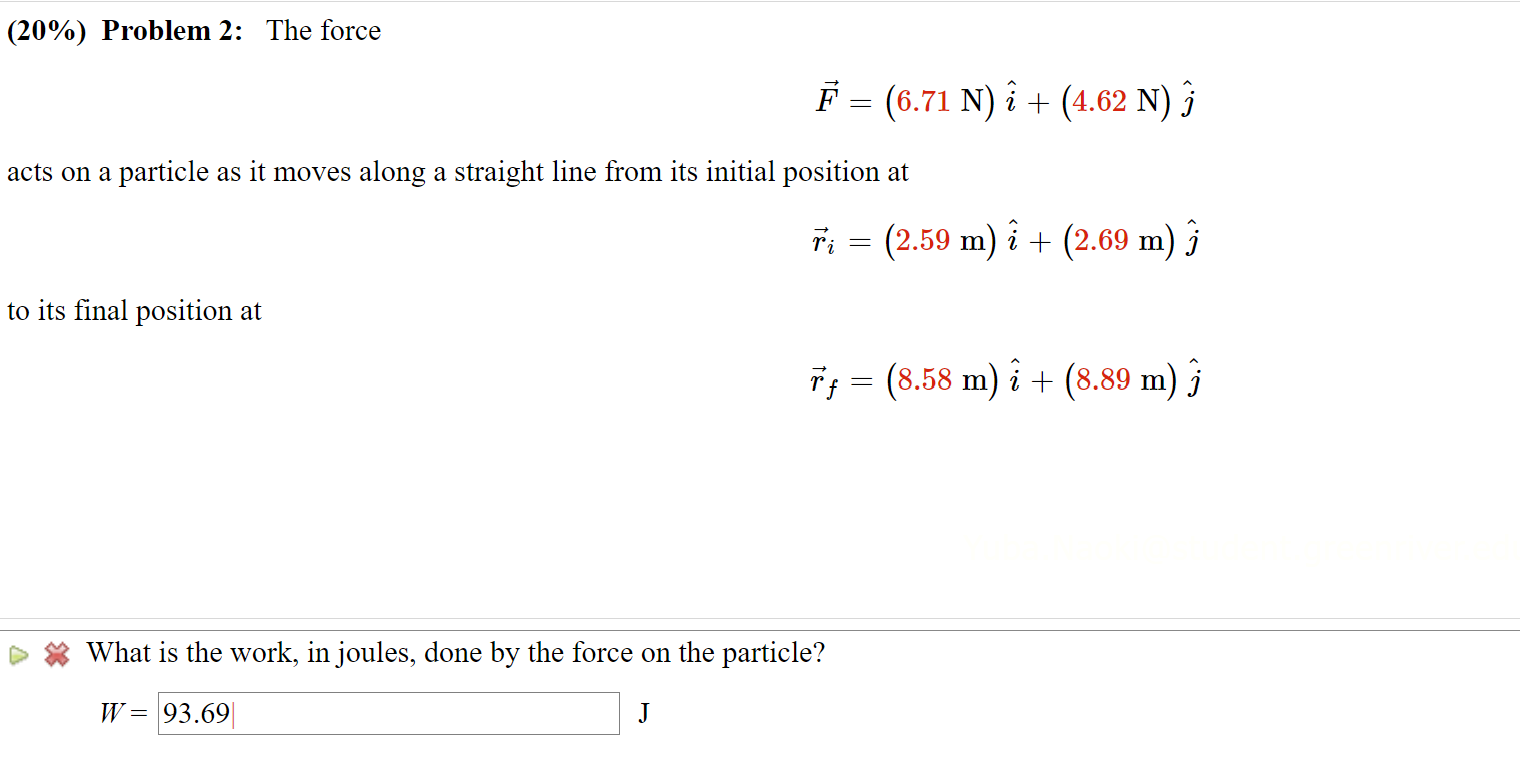 Solved (20\%) Problem 2: The force F=(6.71 N)i^+(4.62 N)j^ | Chegg.com