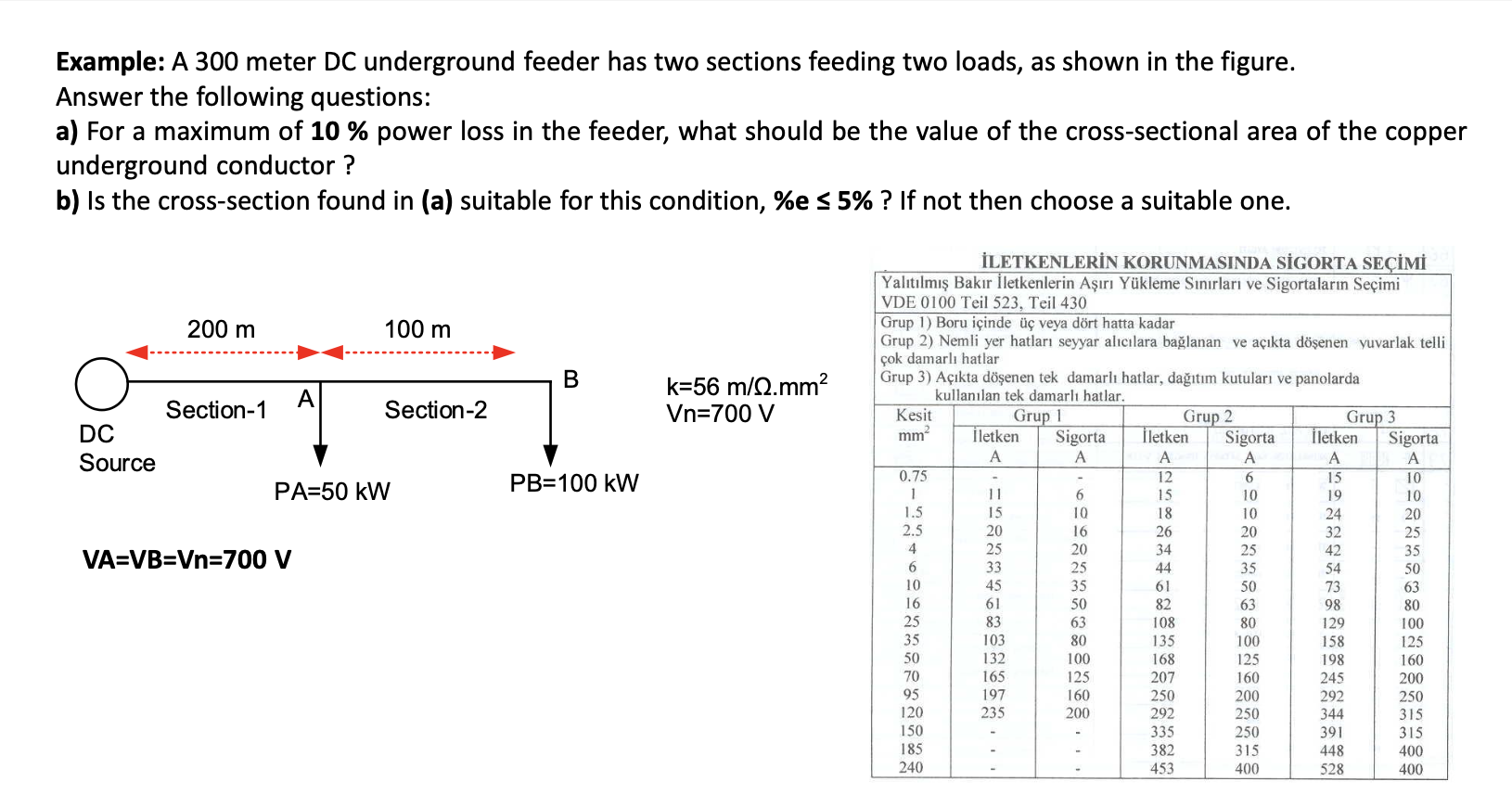 Solved A 300 ﻿meter DC underground feeder has two sections | Chegg.com