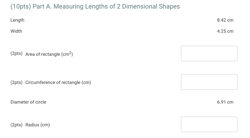 Solved (2pts) Area of circle (cm2) (2pts) Circumference of | Chegg.com