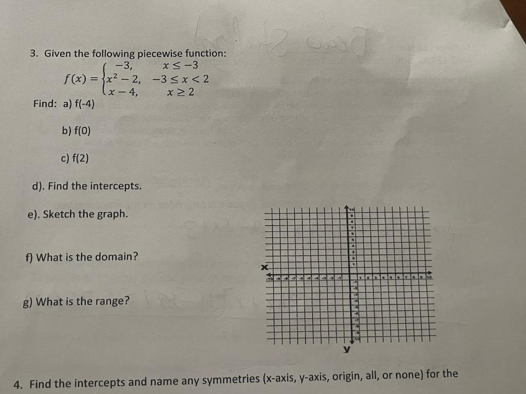 Solved 3. Given the following piecewise function: | Chegg.com