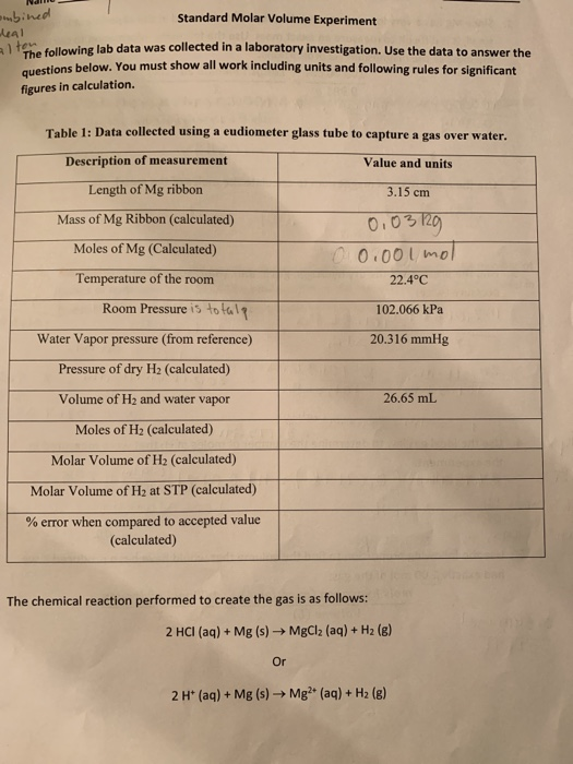 Solved Standard Molar Volume Experiment eAl tthe following | Chegg.com