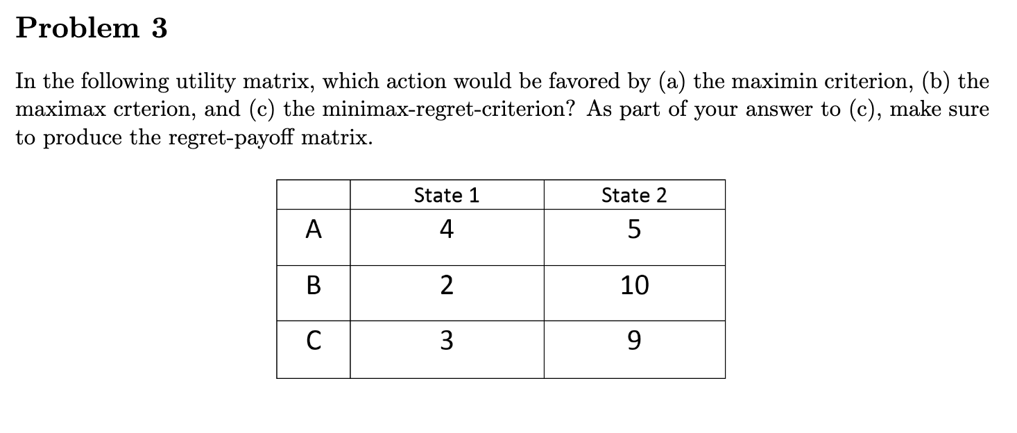 Solved Problem 3 In the following utility matrix, which | Chegg.com