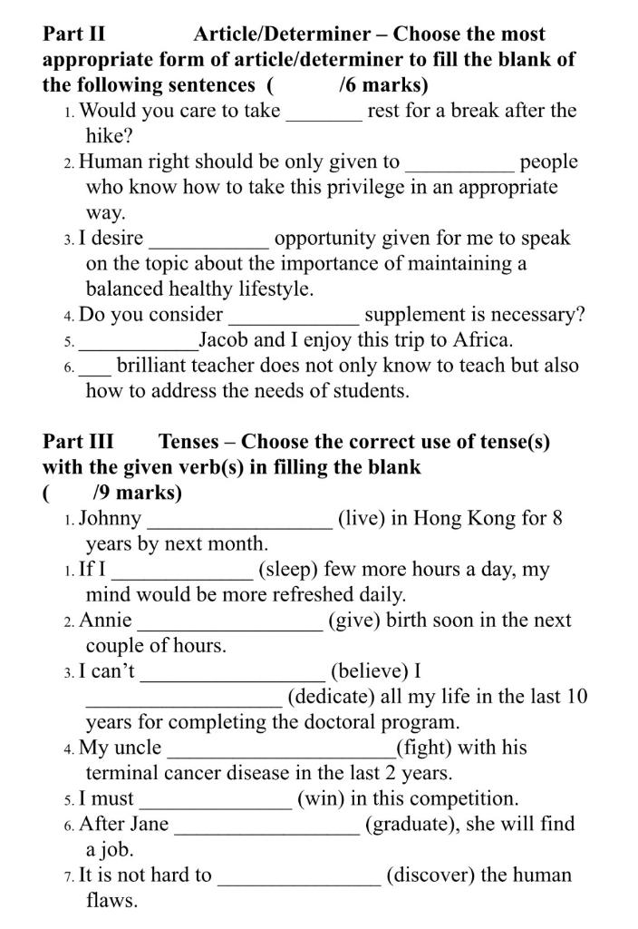Solved Part II Article/Determiner - Choose the most | Chegg.com