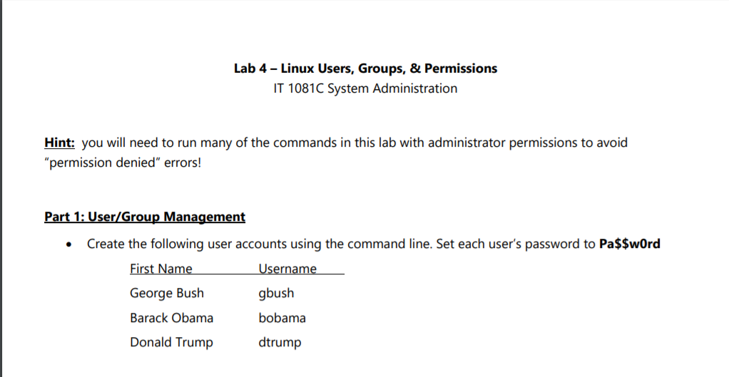 Lab 4 - Linux Users, Groups, & Permissions IT 1081C | Chegg.com