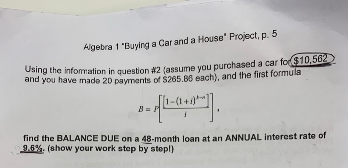 Solved Algebra 1 'Buying a Car and a House" Project, p. 5 | Chegg.com