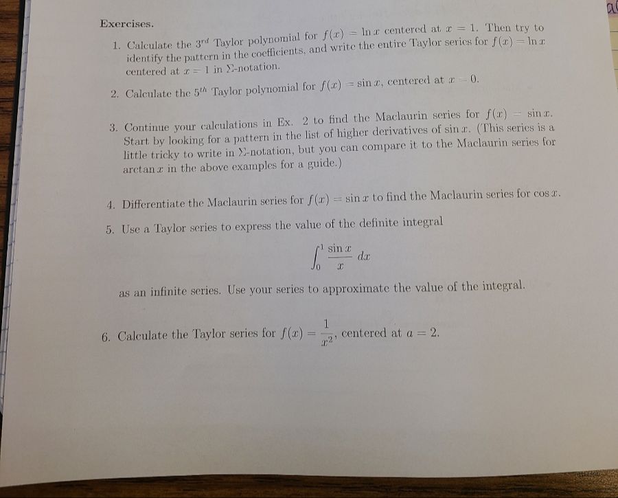 Solved Exercises. 1. Calculate the 3rd Taylor polynomial | Chegg.com