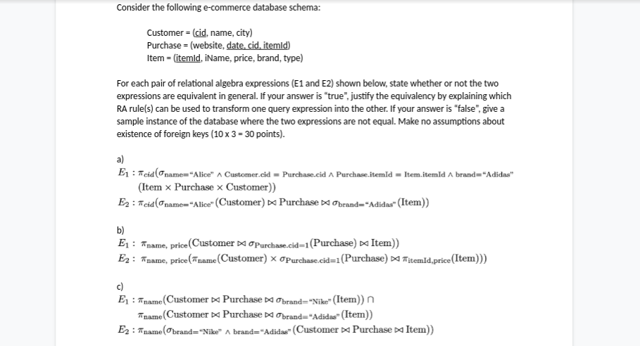 Consider the following e-commerce database schema: | Chegg.com