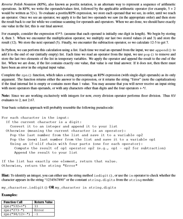 Solved Reverse Polish Nouation (RPN), also known as postfix | Chegg.com
