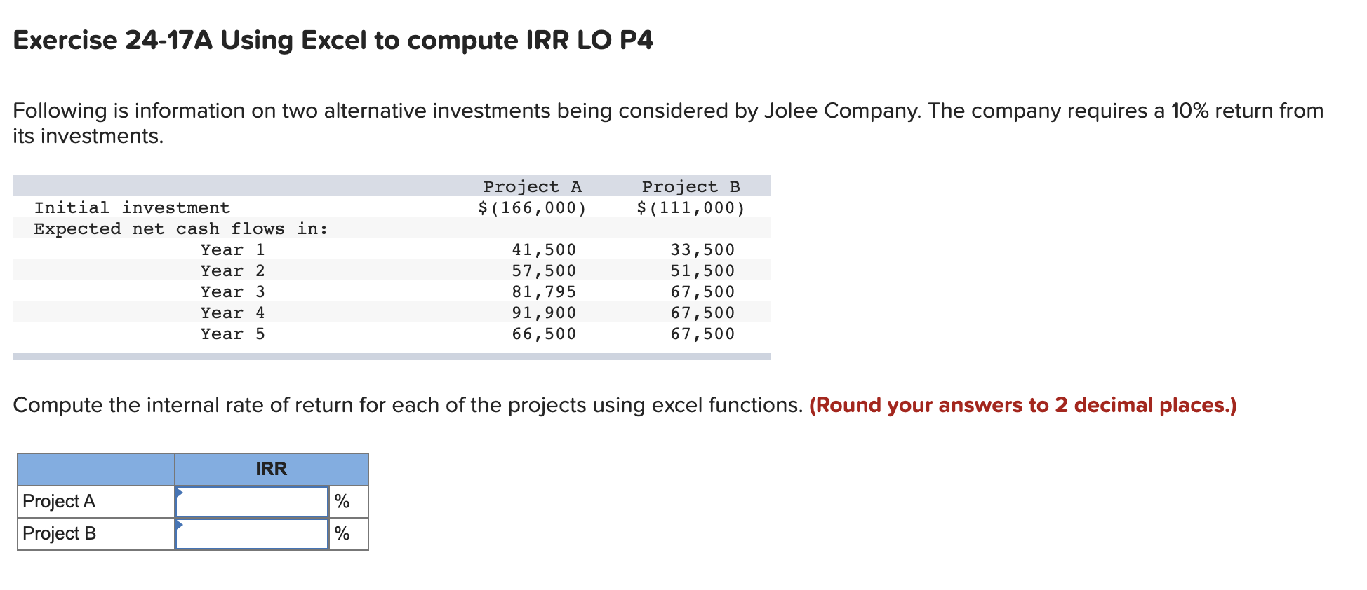 Solved Exercise 24-17A Using Excel to compute IRR LO P4 | Chegg.com